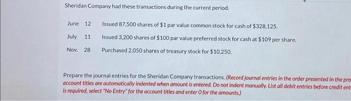 Solved Sheridan Company had these transactions during the | Chegg.com