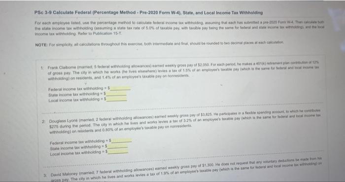 Solved PSC 3-9 Calculate Federal (Percentage Method - | Chegg.com