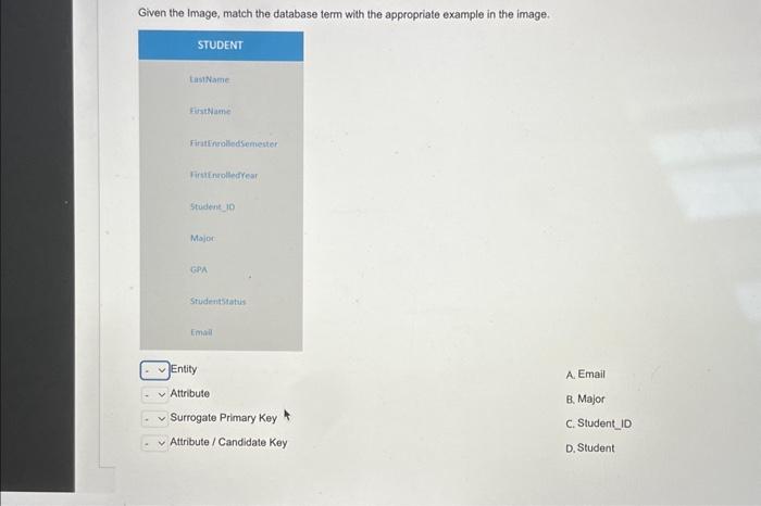 Solved Given the Image, match the database term with the | Chegg.com