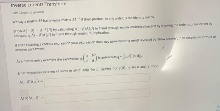 Solved H: Lorentz Transformation A. Bookmarkthis page In | Chegg.com