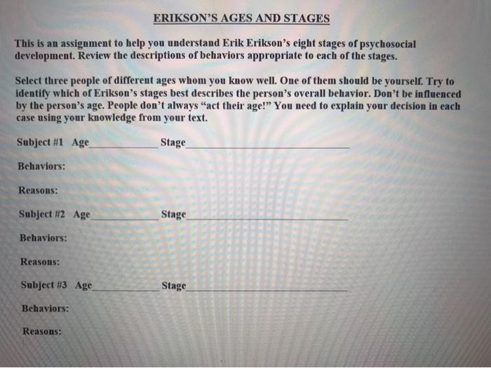 Solved ERIKSON’S AGES AND STAGES This is an assignment to | Chegg.com