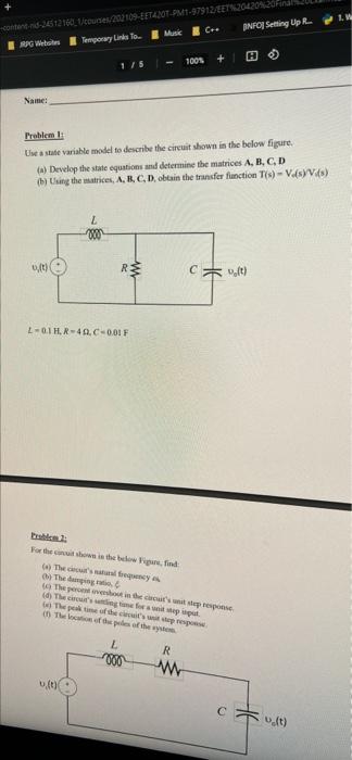 Solved use a state variable model to describe the circuit | Chegg.com