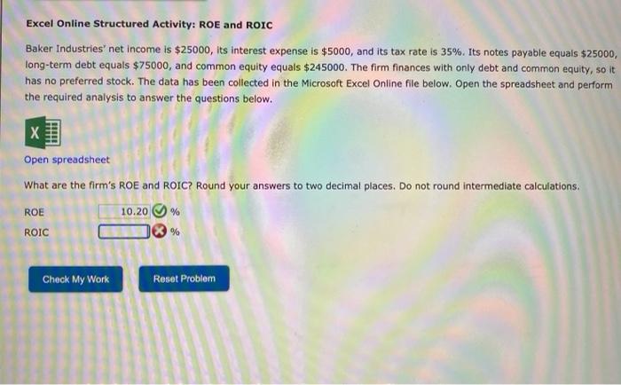 Solved Excel Online Structured Activity: ROE and ROIC Baker | Chegg.com