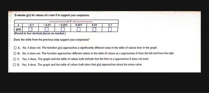 Solved Evaluate g(x) for values of x near 0 to support your | Chegg.com