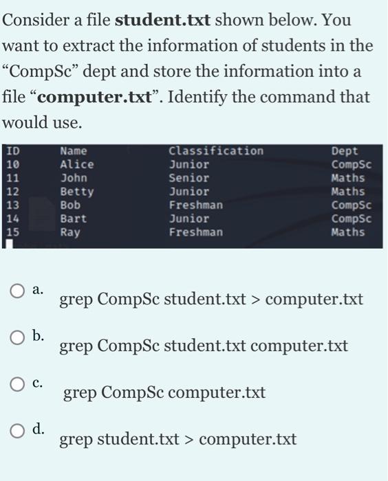 Solved Consider a file student.txt shown below. You want to | Chegg.com