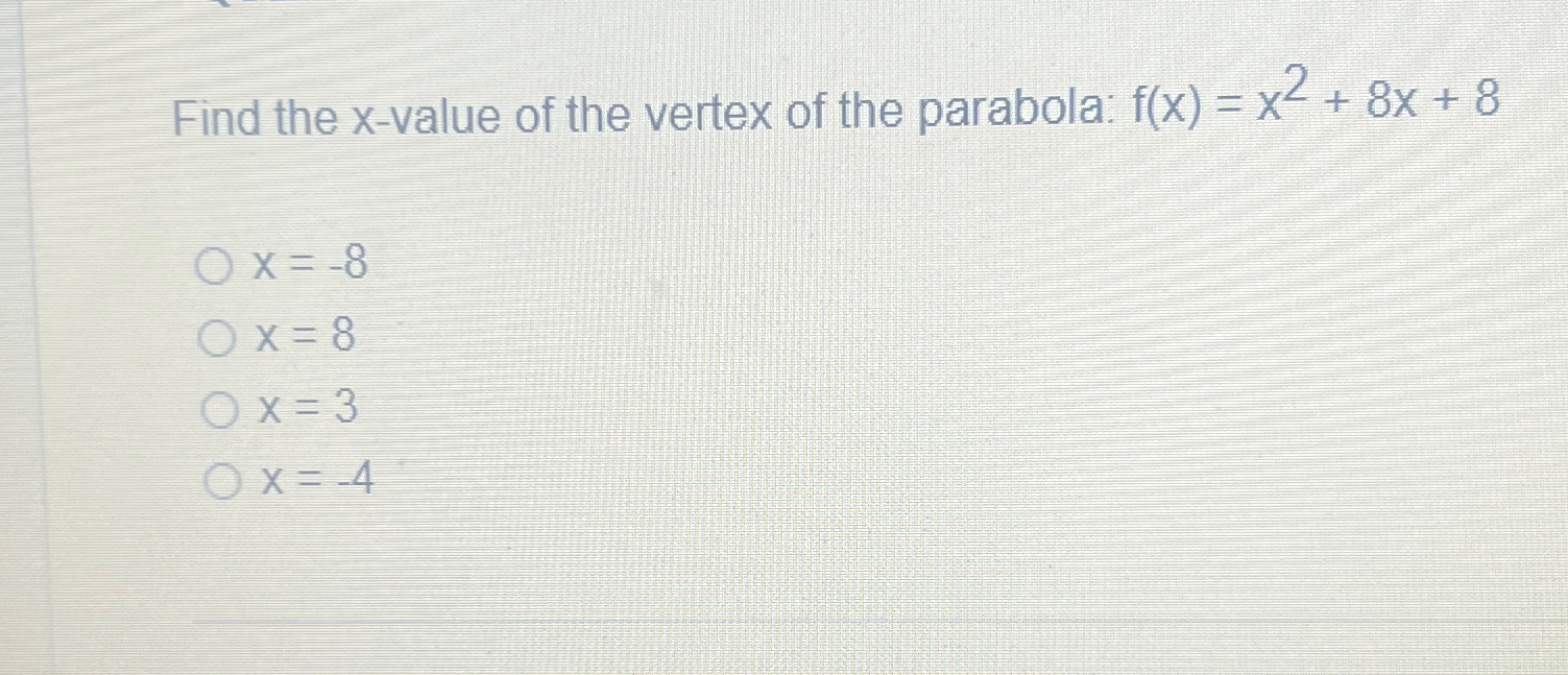 Solved Find the x-value of the vertex of the parabola: | Chegg.com