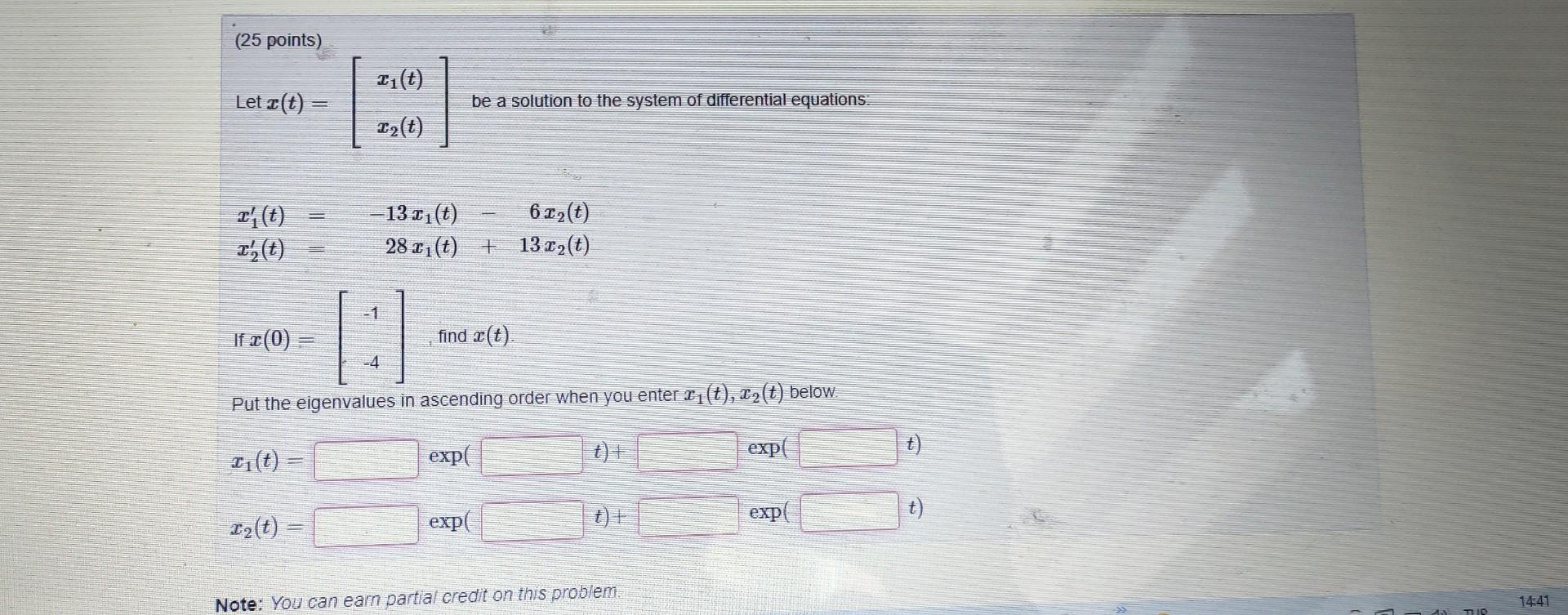 Solved Let x(t)=[x1(t)x2(t)] be a solution to the system of | Chegg.com