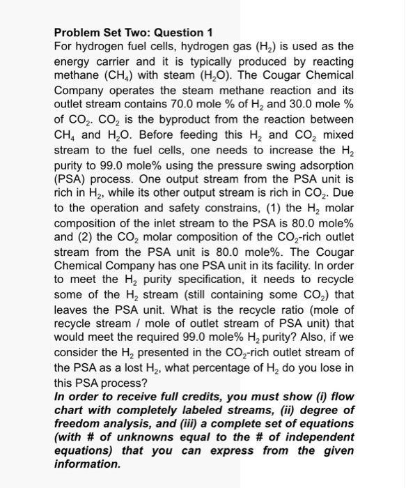 Problem Set Two: Question 1 For hydrogen fuel cells, | Chegg.com