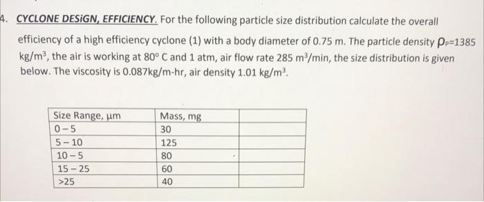 Solved 4. CYCLONE DESIGN, EFFICIENCY. For the following | Chegg.com