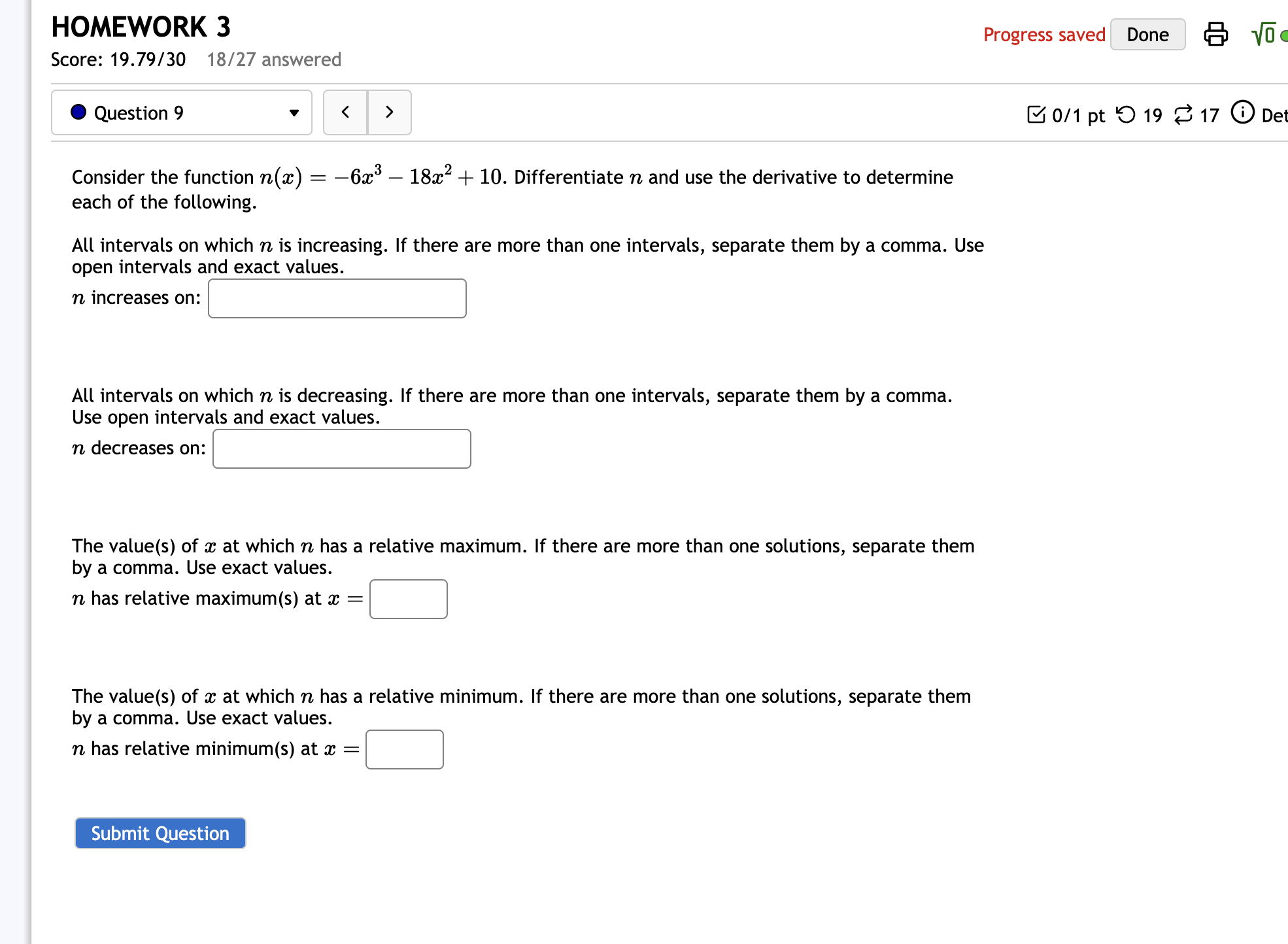 Solved Consider the function n(x)=-6x3-18x2+10. | Chegg.com