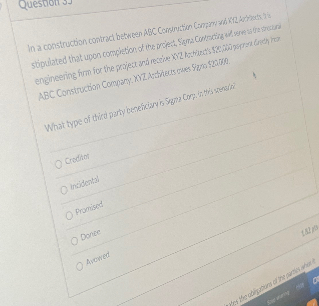 Solved In a construction contract between ABC Construction | Chegg.com