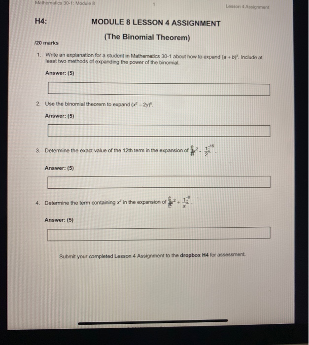 Mathematics 30-1: Module 8 Lesson 4 Assignment H4: | Chegg.com