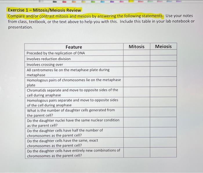 Solved Exercise 1 - Mitosis/Meiosis Review Compare and/or | Chegg.com