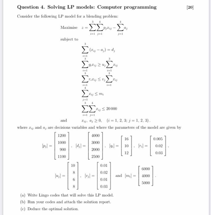 Solved Question 4 Solving Lp Models Computer Programming
