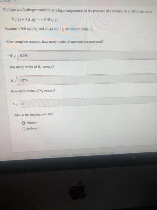 Solved Nitrogen and hydrogen combine at a high temperature, | Chegg.com