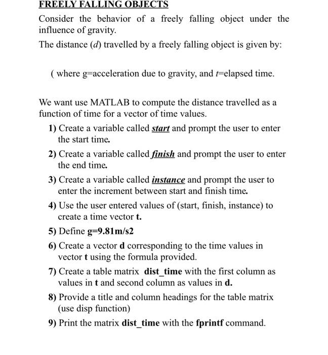 Solved FREELY FALLING OBJECTS Consider the behavior of a | Chegg.com