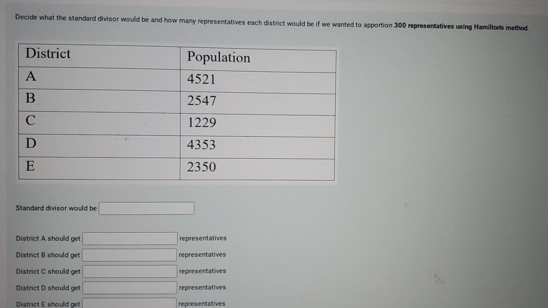 Solved Decide what the standard divisor would be and how | Chegg.com