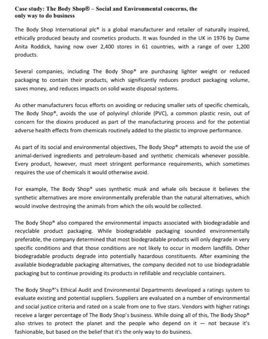 Solved Case study: The Body Shop® - Social and Environmental | Chegg.com