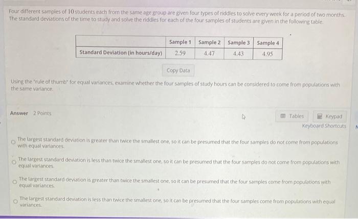 Solved Four different samples of 10 students each from the | Chegg.com