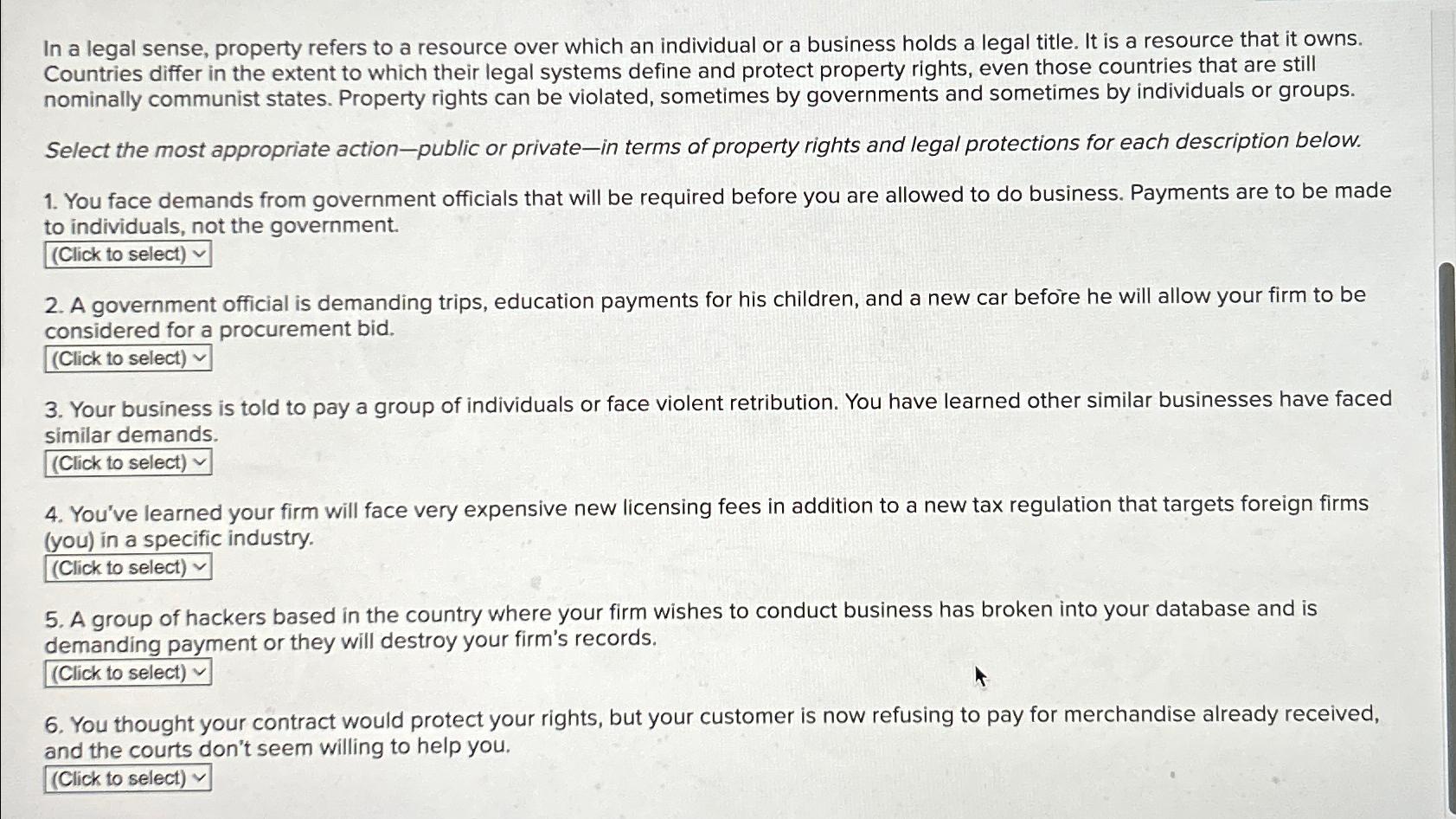 Solved In a legal sense, property refers to a resource over | Chegg.com
