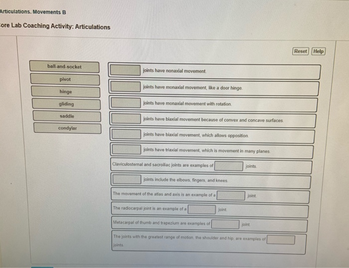 Solved articulations. Movements B ore Lab Coaching Activity: | Chegg.com