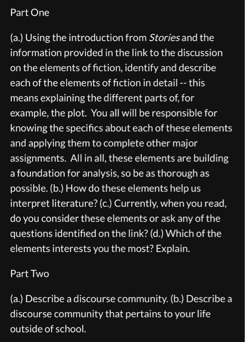 Part One (a.) Using the introduction from Stories and | Chegg.com