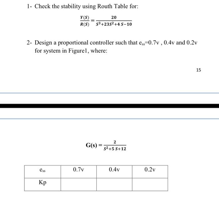 Solved 1- Check the stability using Routh Table for: 20 Y(S) | Chegg.com