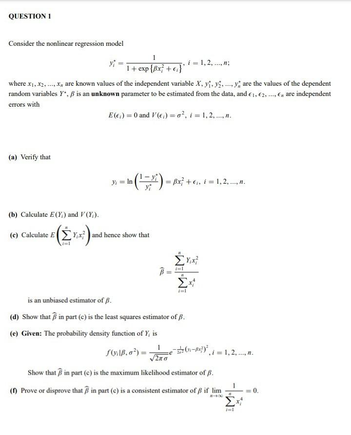 Solved Consider the nonlinear regression model | Chegg.com