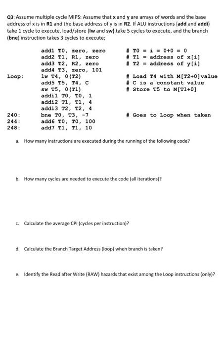 Solved Q3: Assume multiple cycle MIPS: Assume that x and y | Chegg.com