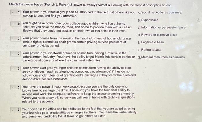 Solved Match the power bases (French \& Raven) \& power | Chegg.com