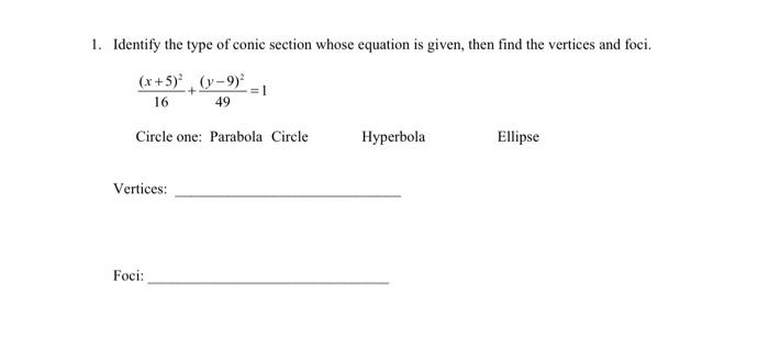 Solved 1. Identify the type of conic section whose equation | Chegg.com