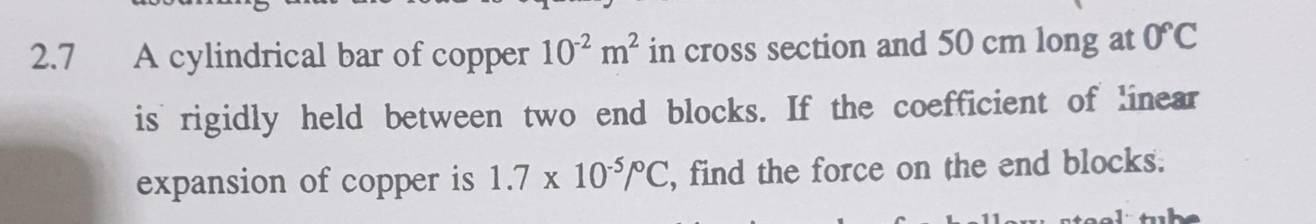 Solved 7 A cylindrical bar of copper 10−2 m2 in cross | Chegg.com
