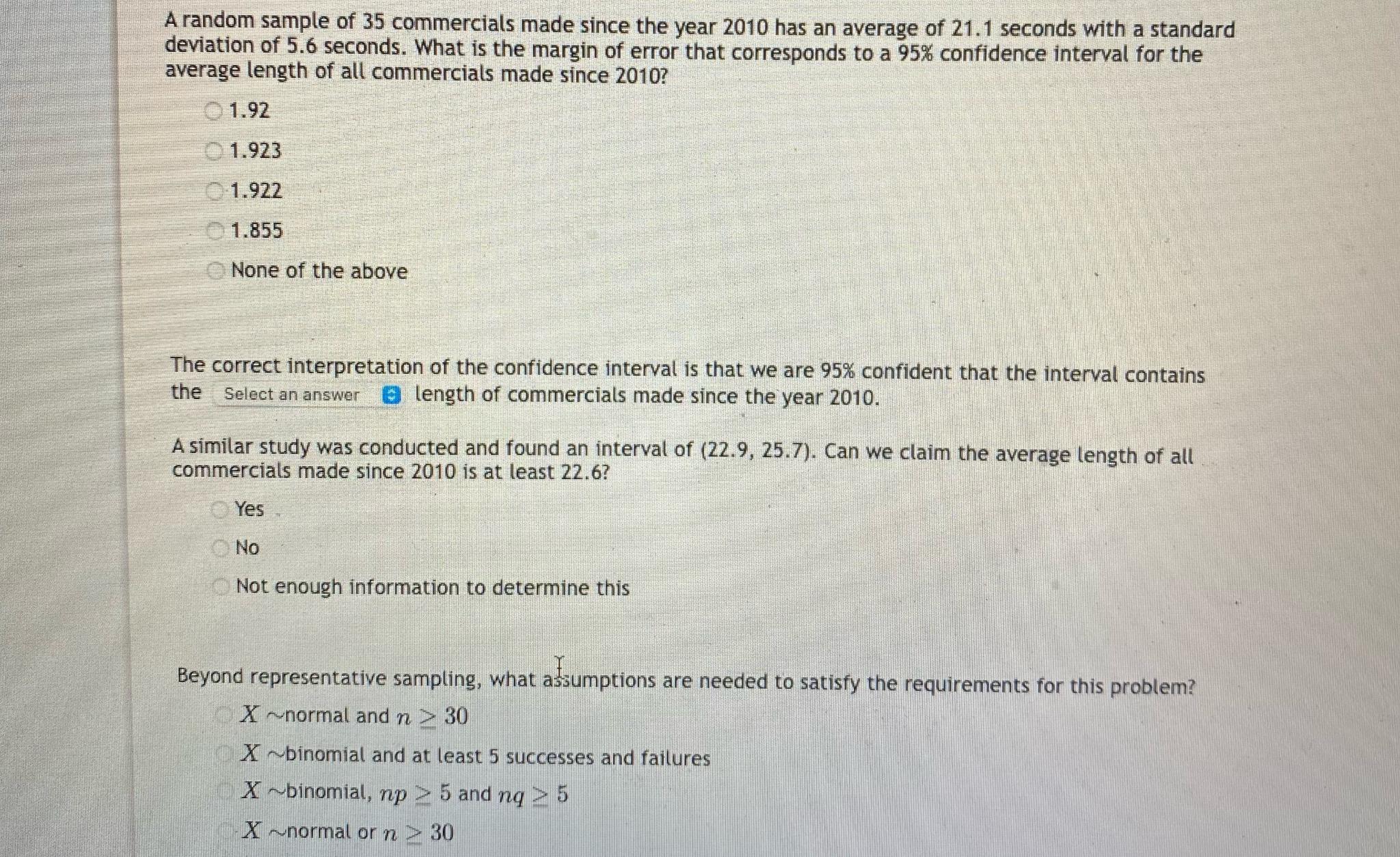 Solved A random sample of 35 ﻿commercials made since the | Chegg.com