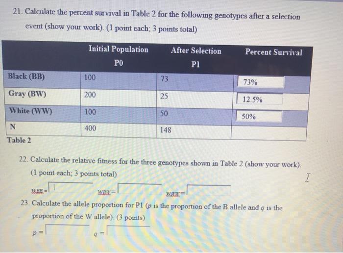 Solved 21. Calculate the percent survival in Table 2 for the | Chegg.com