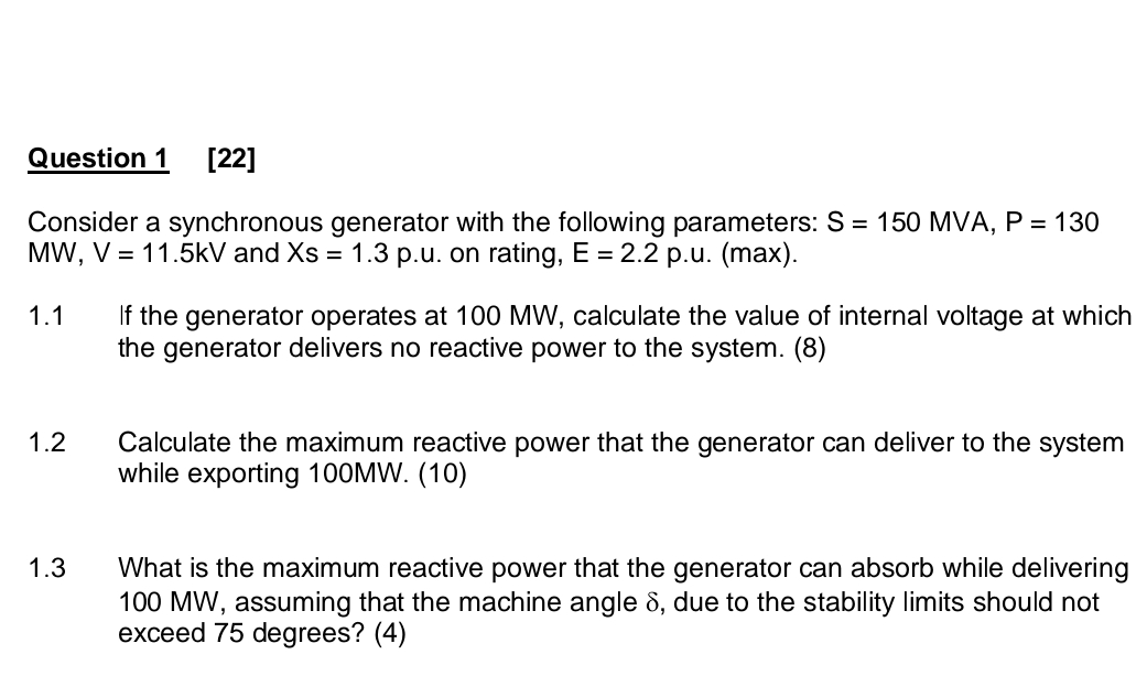 Solved Question 1[22]Consider a synchronous generator with | Chegg.com