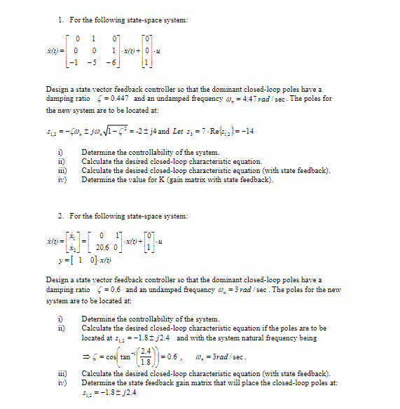 Solved For the following state-space | Chegg.com