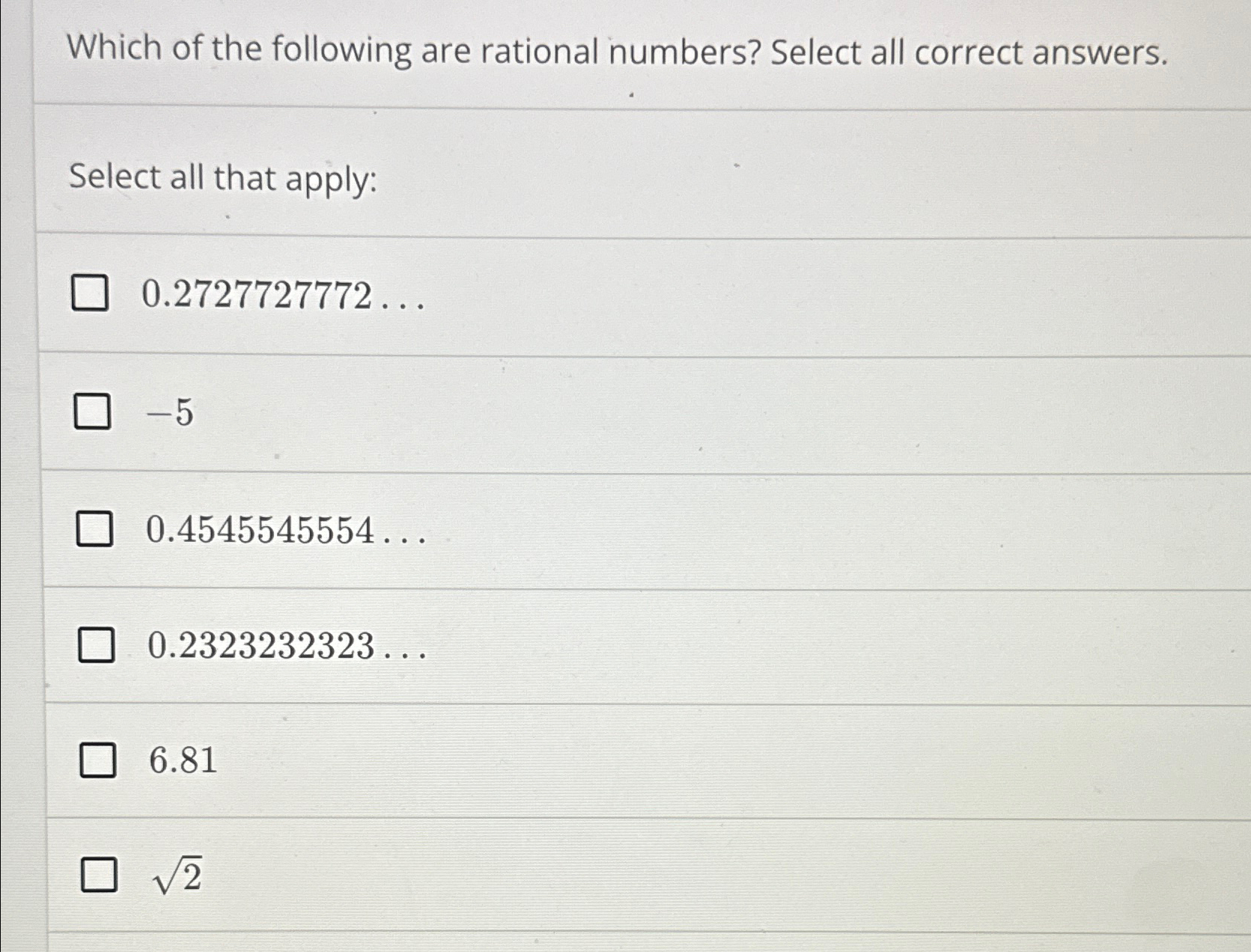 Solved Which of the following are rational numbers? Select | Chegg.com