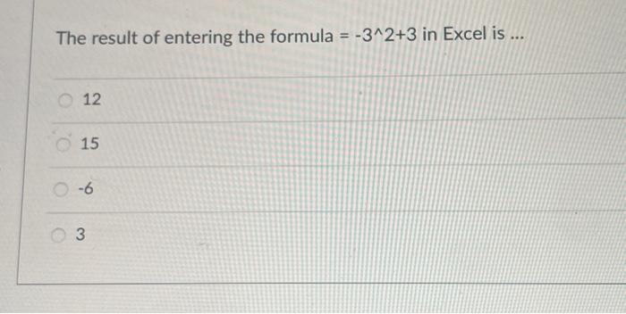 Solved The result of entering the formula =−3∧2+3 in Excel | Chegg.com