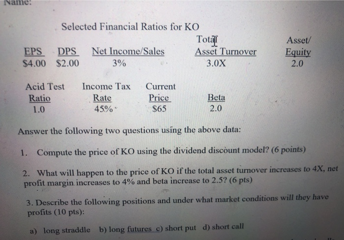 Solved Name: Selected Financial Ratios for KO Total EPS DPS | Chegg.com
