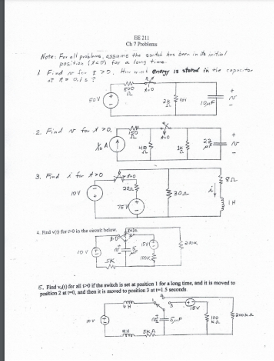 Solved For all problems assume the switch has been in its | Chegg.com