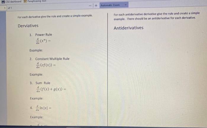 Solved For each derivative give the rule and create a simple | Chegg.com