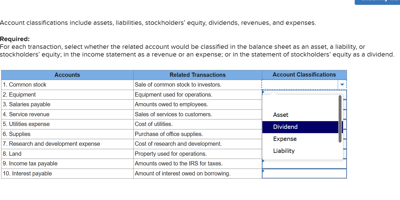 Solved Account classifications include assets, liabilities, | Chegg.com
