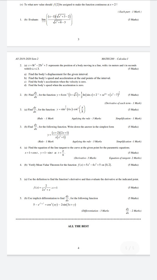 Solved 2 AY:2019-2020 Sem-2 MATH/200 . Calculus Additional | Chegg.com