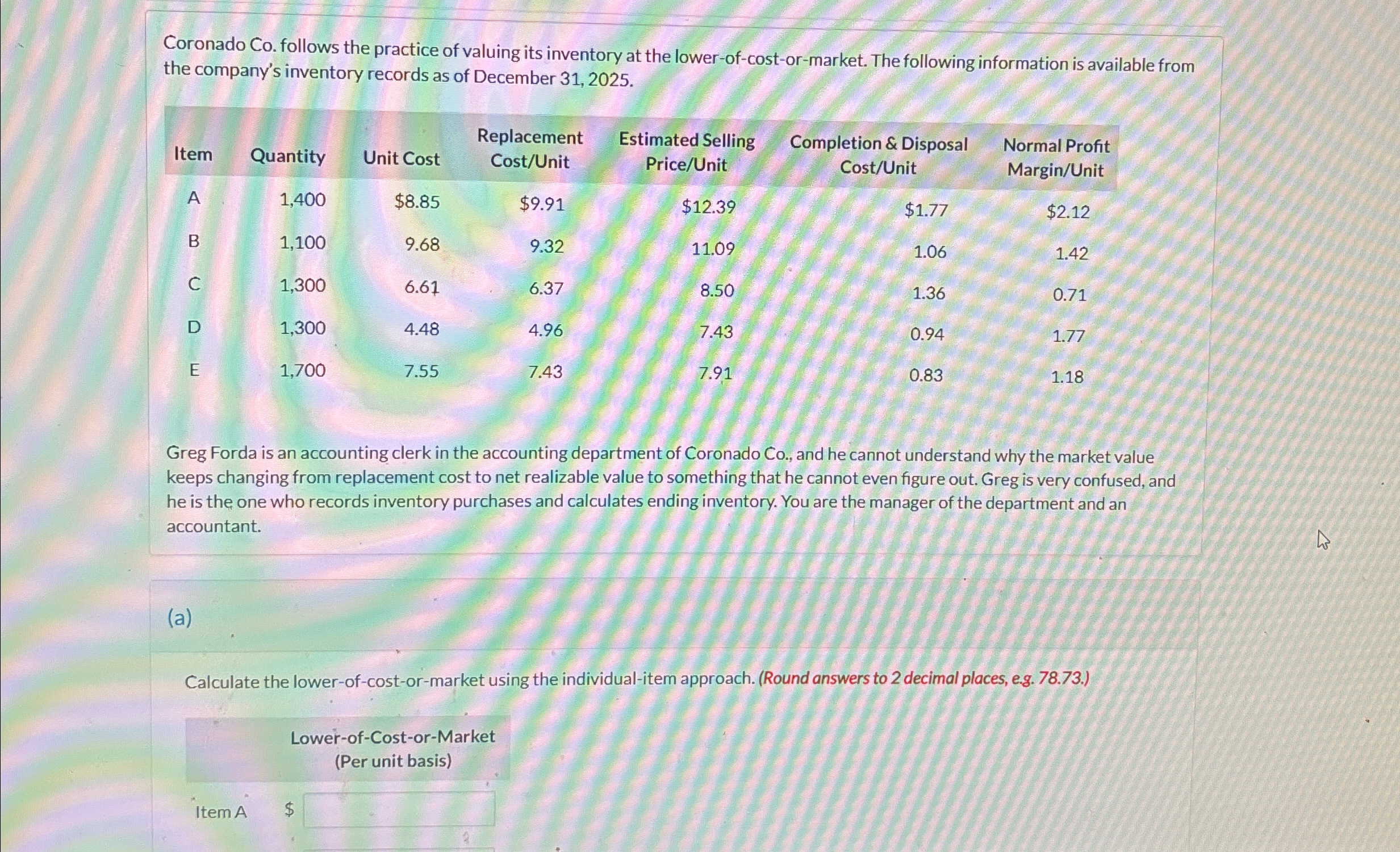 Solved Coronado Co. ﻿follows the practice of valuing its | Chegg.com