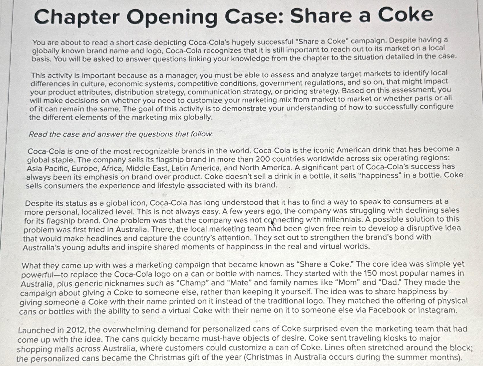 Solved Chapter Opening Case: Share a CokeYou are about to | Chegg.com