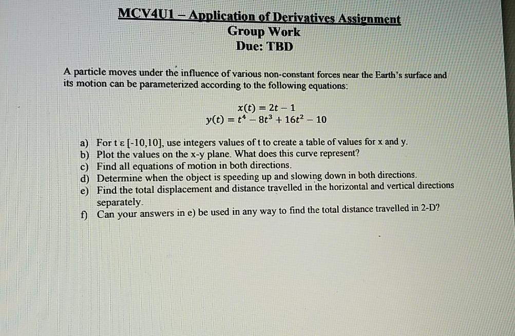 Solved MCV4U1 - Application of Derivatives Assignment Group | Chegg.com