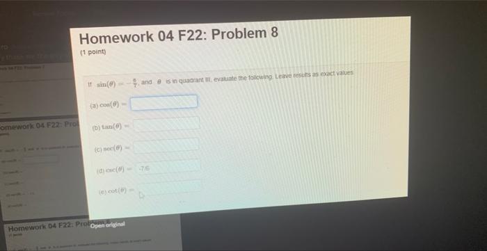 Solved Homework 04 F22: Problem 8 (1 point) If sin(θ)=−Fθ, | Chegg.com