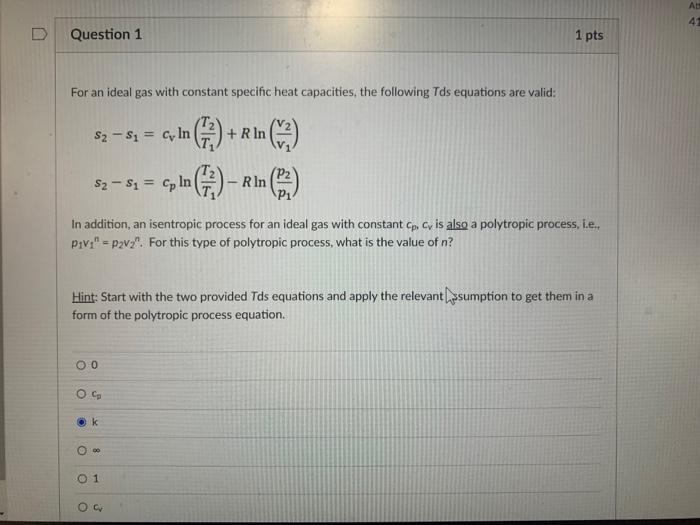 Solved For an ideal gas with constant specific heat | Chegg.com