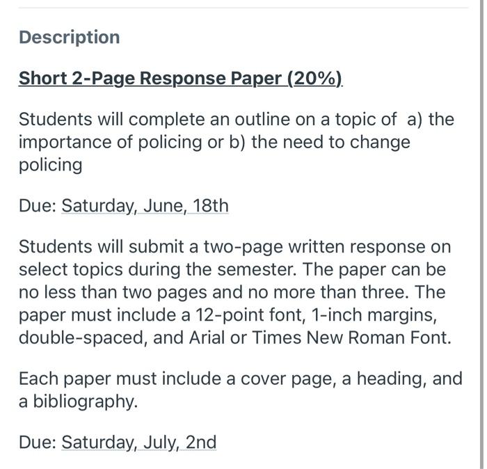 Description Short 2-Page Response Paper (20%). | Chegg.com