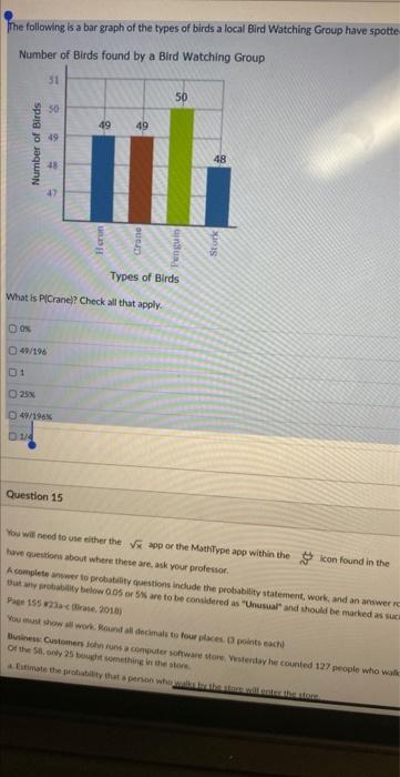 Solved The following is a bar graph of the types of birds a | Chegg.com